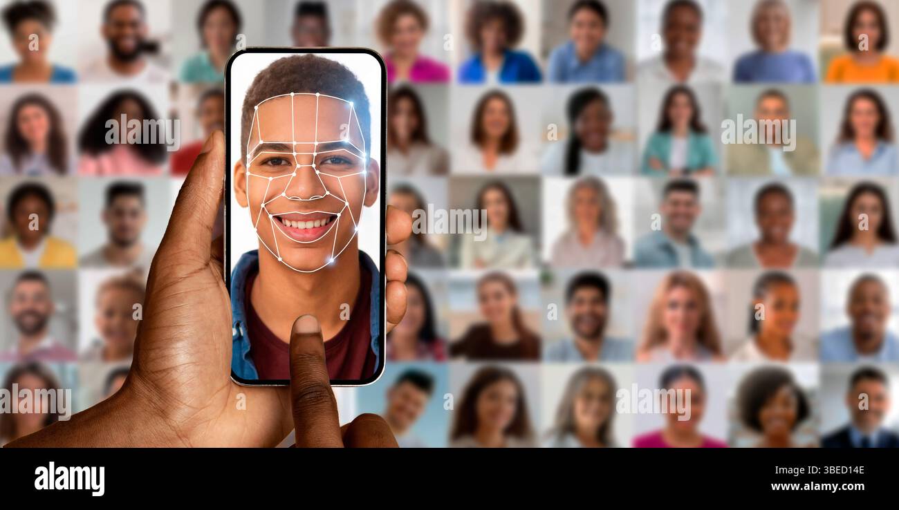 Facial recognition technology in action with smartphone identification ...
