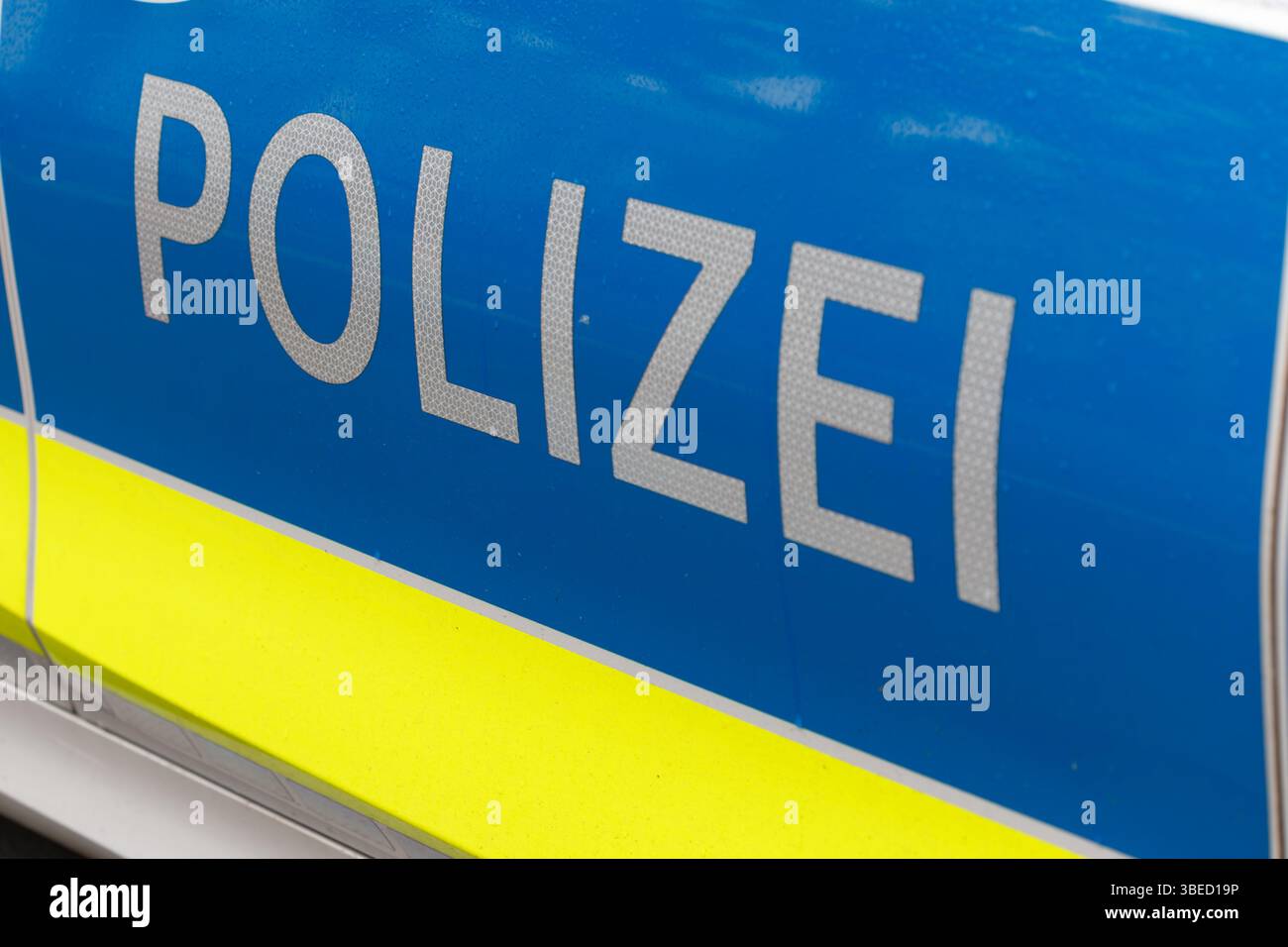 Nuremberg, Germany - 25th May 2025: Close-up shot of a blue police ...