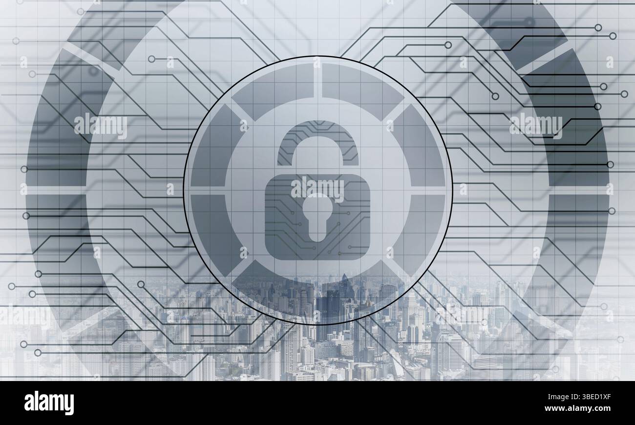 Virtual locking mechanism on background of downtown. Internet concept for identity and access ...