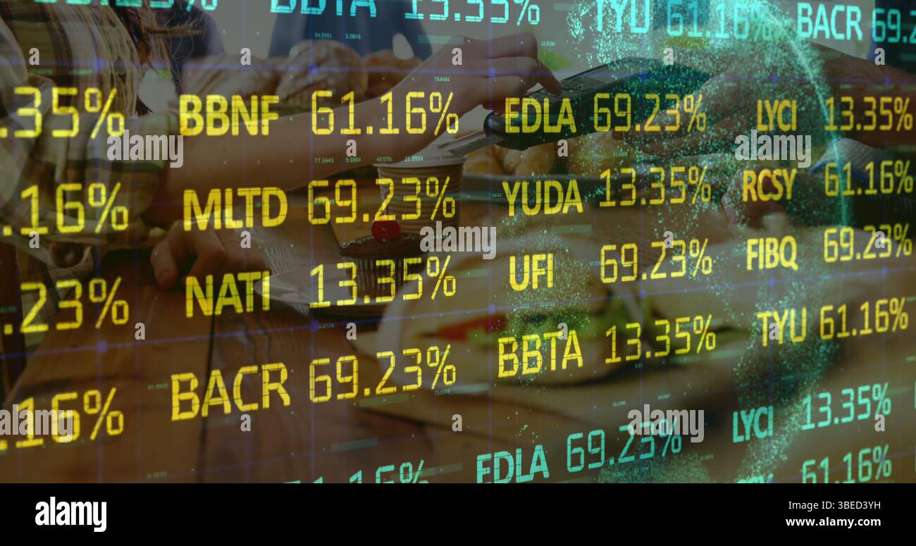 Image of digital data processing over people using a payment terminal ...