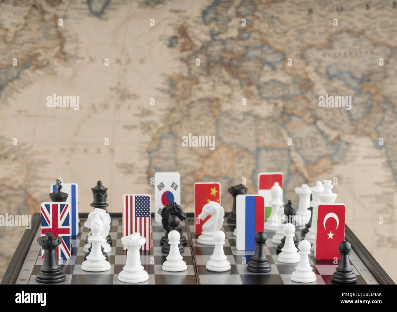 Country flag symbols on the chessboard with figures on the background ...