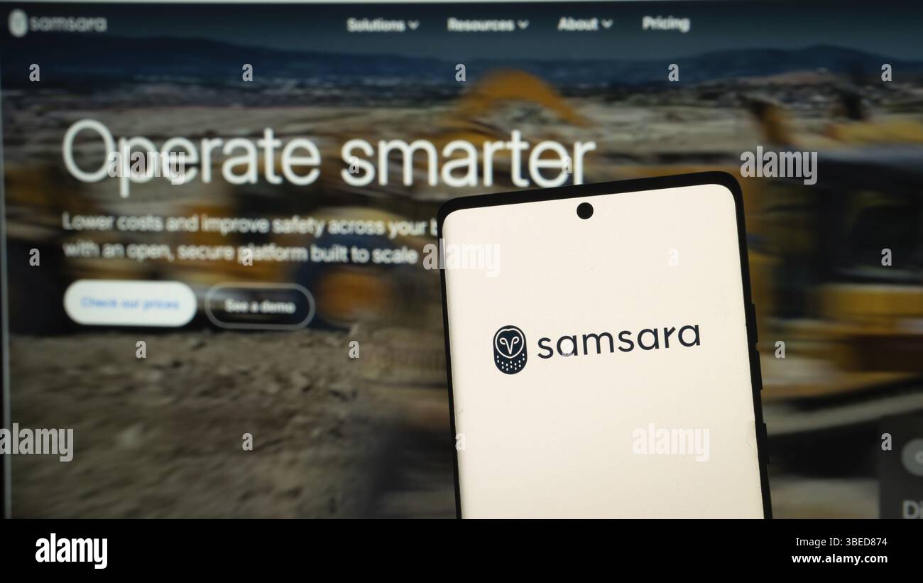 Dhaka, Bangladesh 04 May 2025: American cloud software company Samsara Inc. on screen in front ...