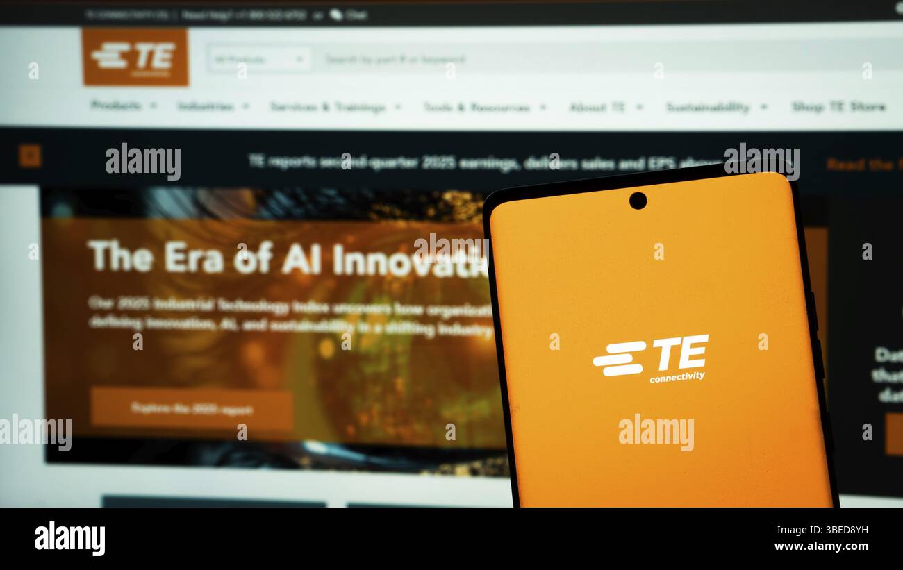 Dhaka, Bangladesh 03 May 2025: TE Connectivity company logo displayed ...