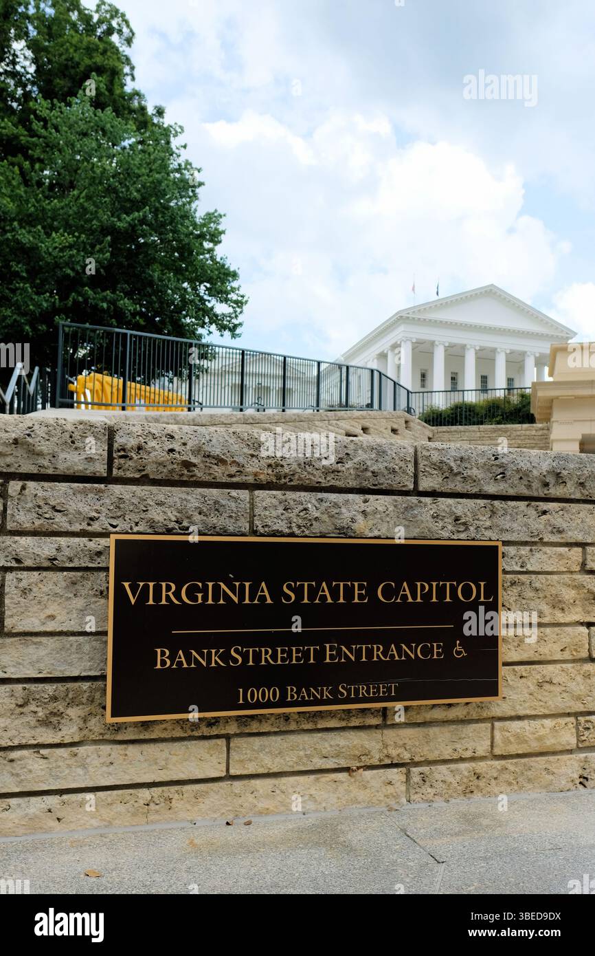 The Virginia State Capitol Bank Street Entrance sign; seat of state ...