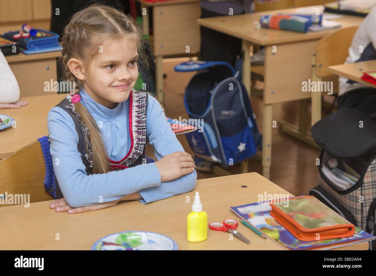 Happy first grader at a lesson in the school of technology Stock Photo ...