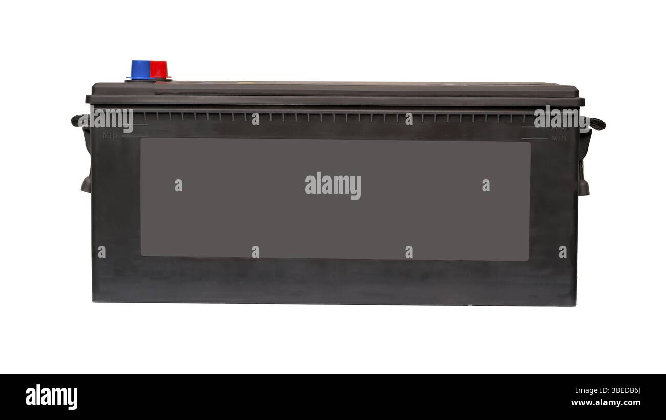 Black car battery closeup on a white background, front view Stock Photo ...