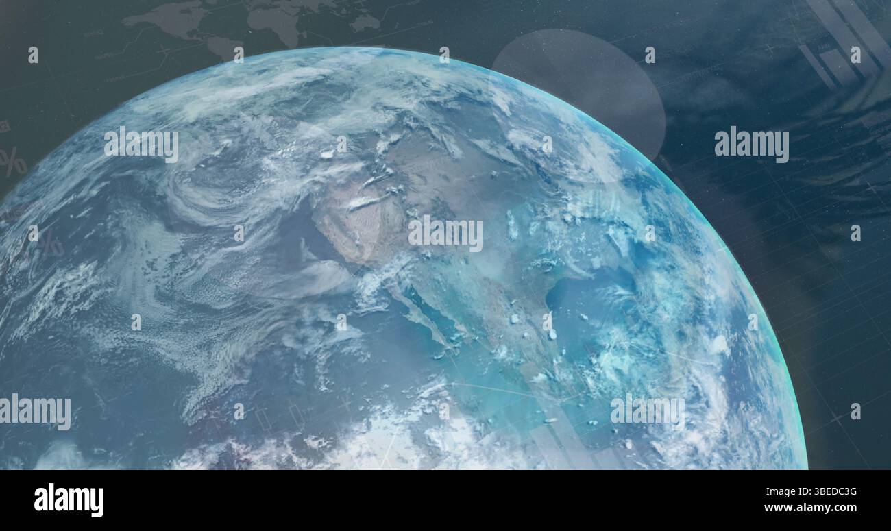 Rotating Earth in orbit with clouds, continents and grid overlay, world ...