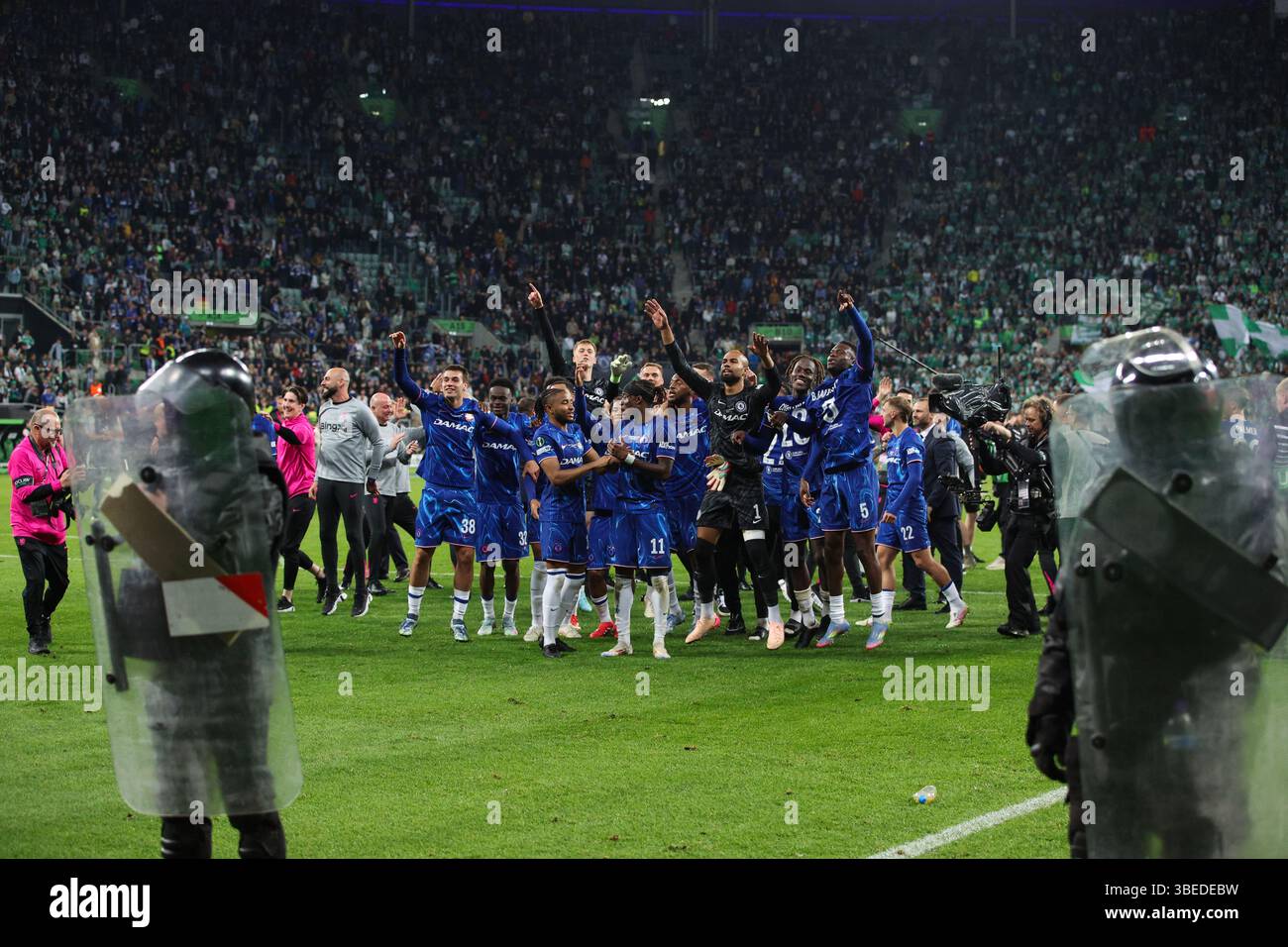 WROCLAW, POLAND - 28th May 2025: Chelsea players and staff celebrate ...