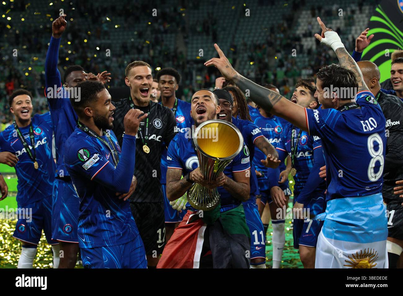 WROCLAW, POLAND - 28th May 2025: Malo Gusto of Chelsea lifts the trophy ...