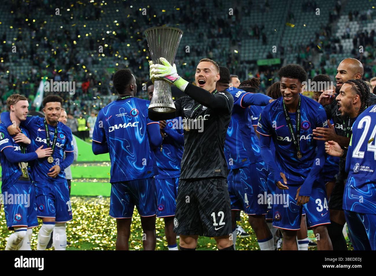 WROCLAW, POLAND - 28th May 2025: Filip Jorgensen of Chelsea lifts the ...