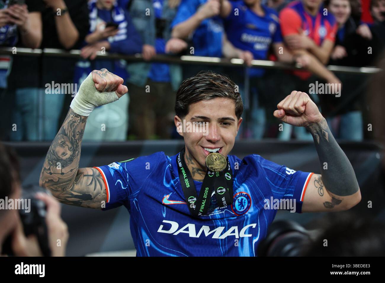 WROCLAW, POLAND - 28th May 2025: Enzo Fernandez of Chelsea poses with ...