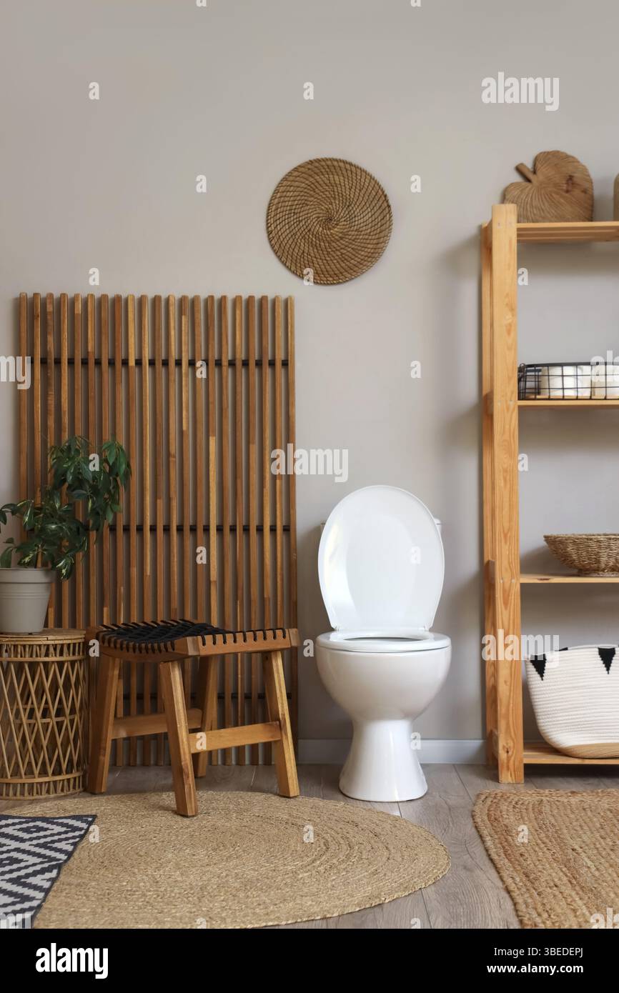 Interior of restroom with toilet bowl, tables and shelf unit Stock ...