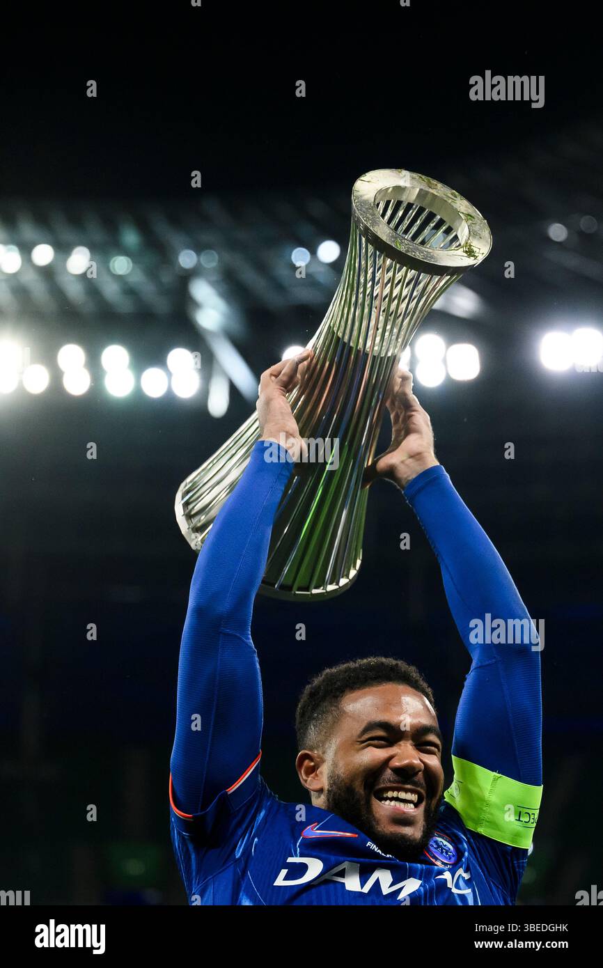 Reece James of Chelsea FC celerbates with the trophy during the award ...