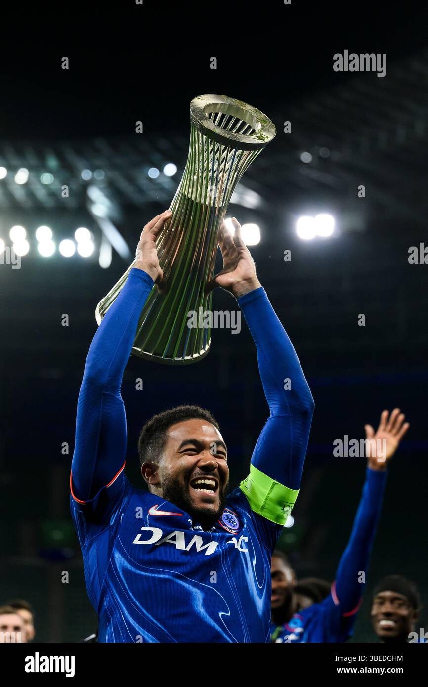 Reece James of Chelsea FC celerbates with the trophy during the award ...