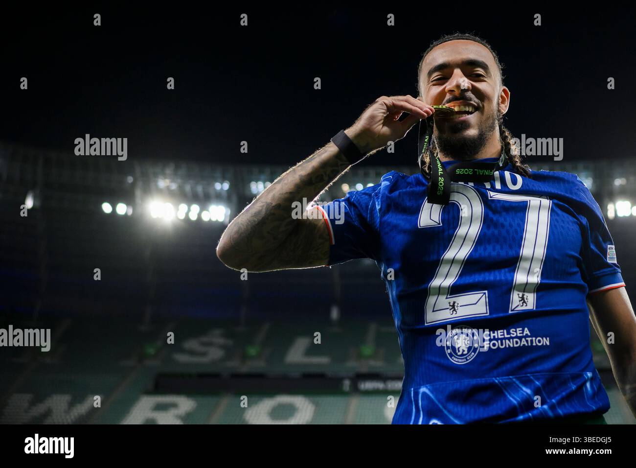 Malo Gusto of Chelsea FC celebrates during the award ceremony following ...
