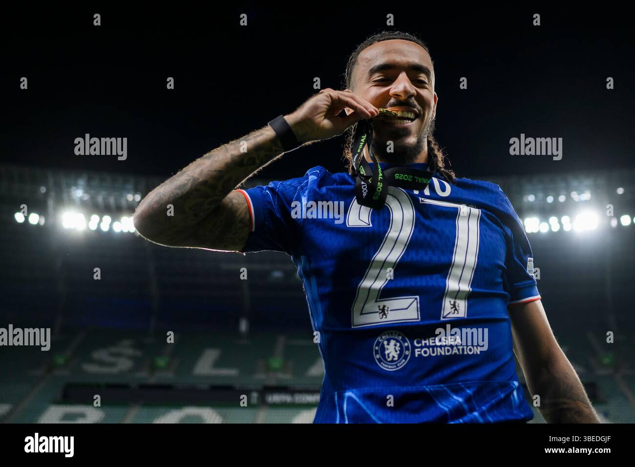 Malo Gusto of Chelsea FC celebrates during the award ceremony following ...