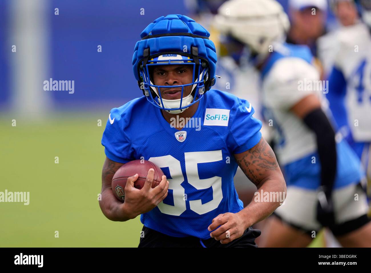 Los Angeles Rams running back Jarquez Hunter runs a drill during the ...