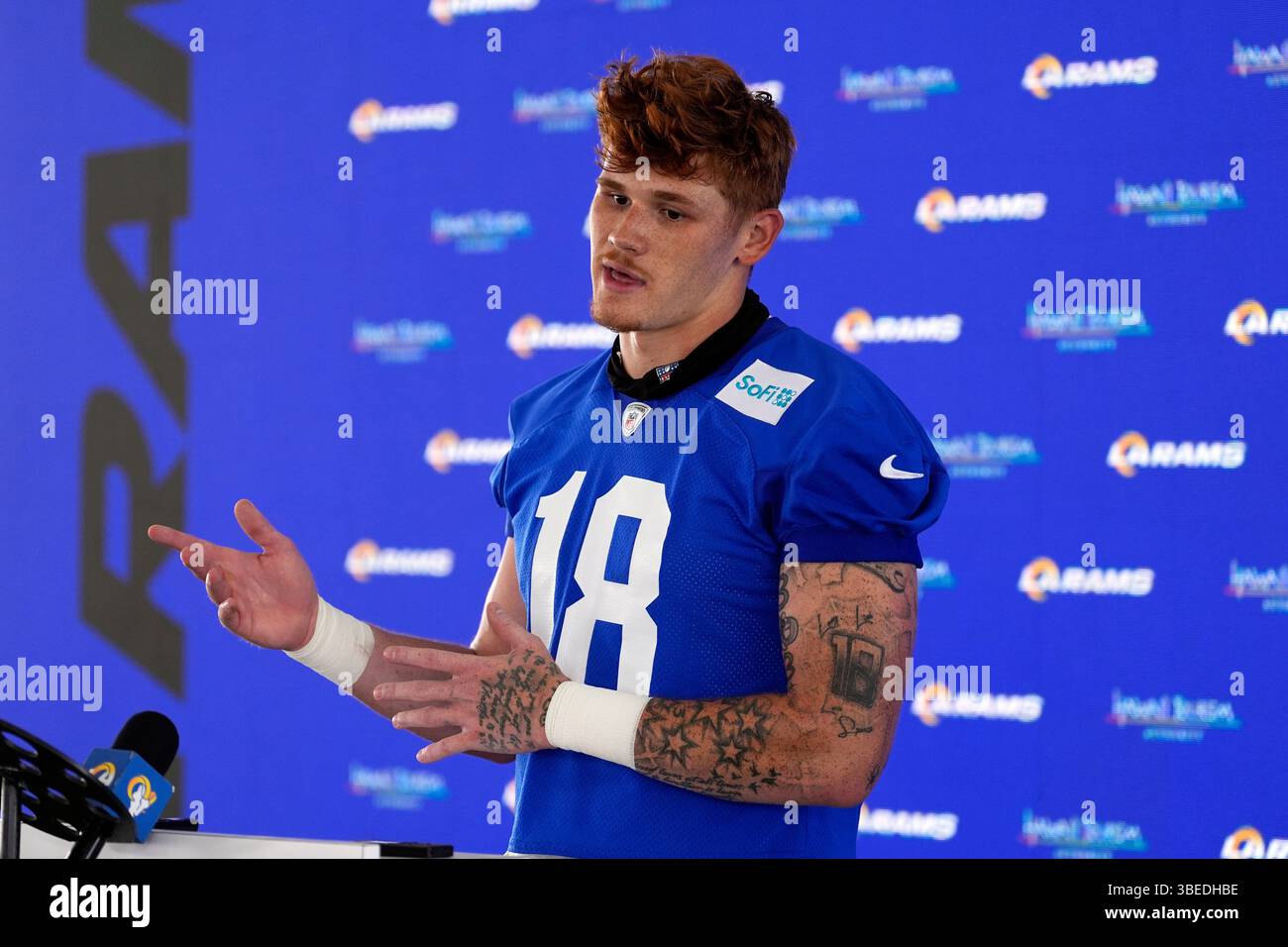 Los Angeles Rams tight end Terrance Ferguson speaks during a news ...