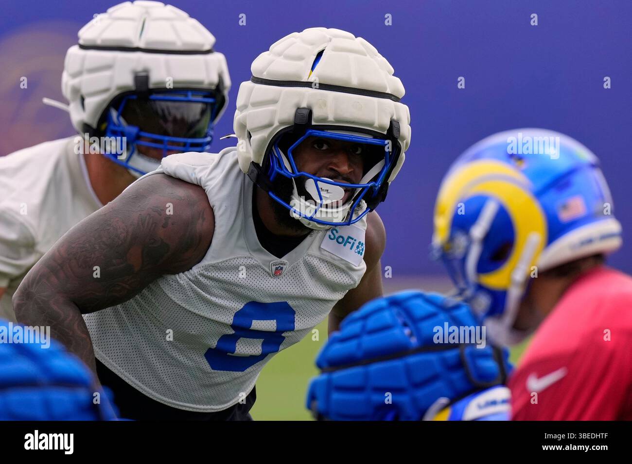 Los Angeles Rams linebacker Jared Verse sets up for a play during the ...