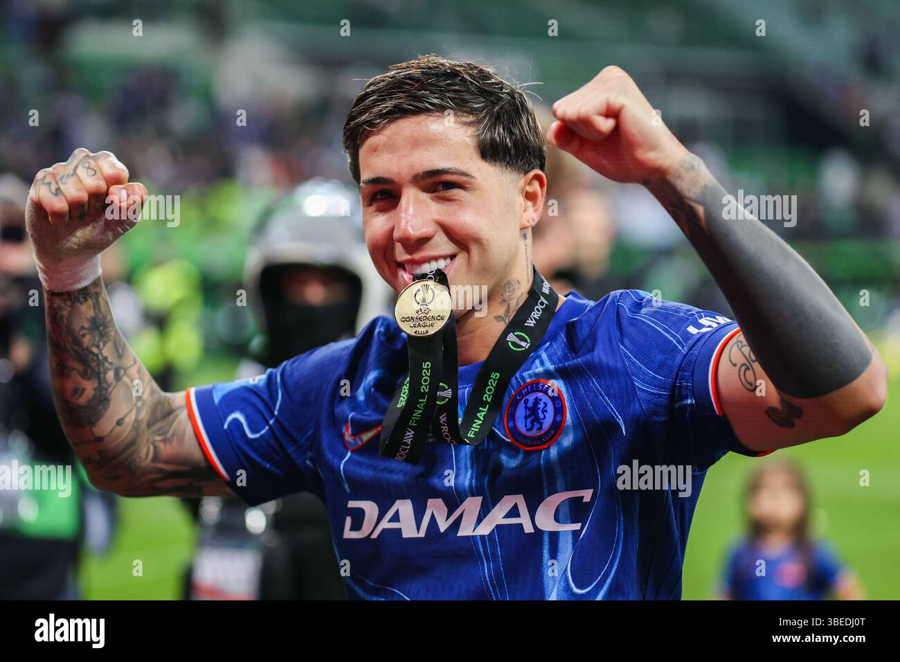 Enzo Fernandez of Chelsea FC celebrates a win during the UEFA ...