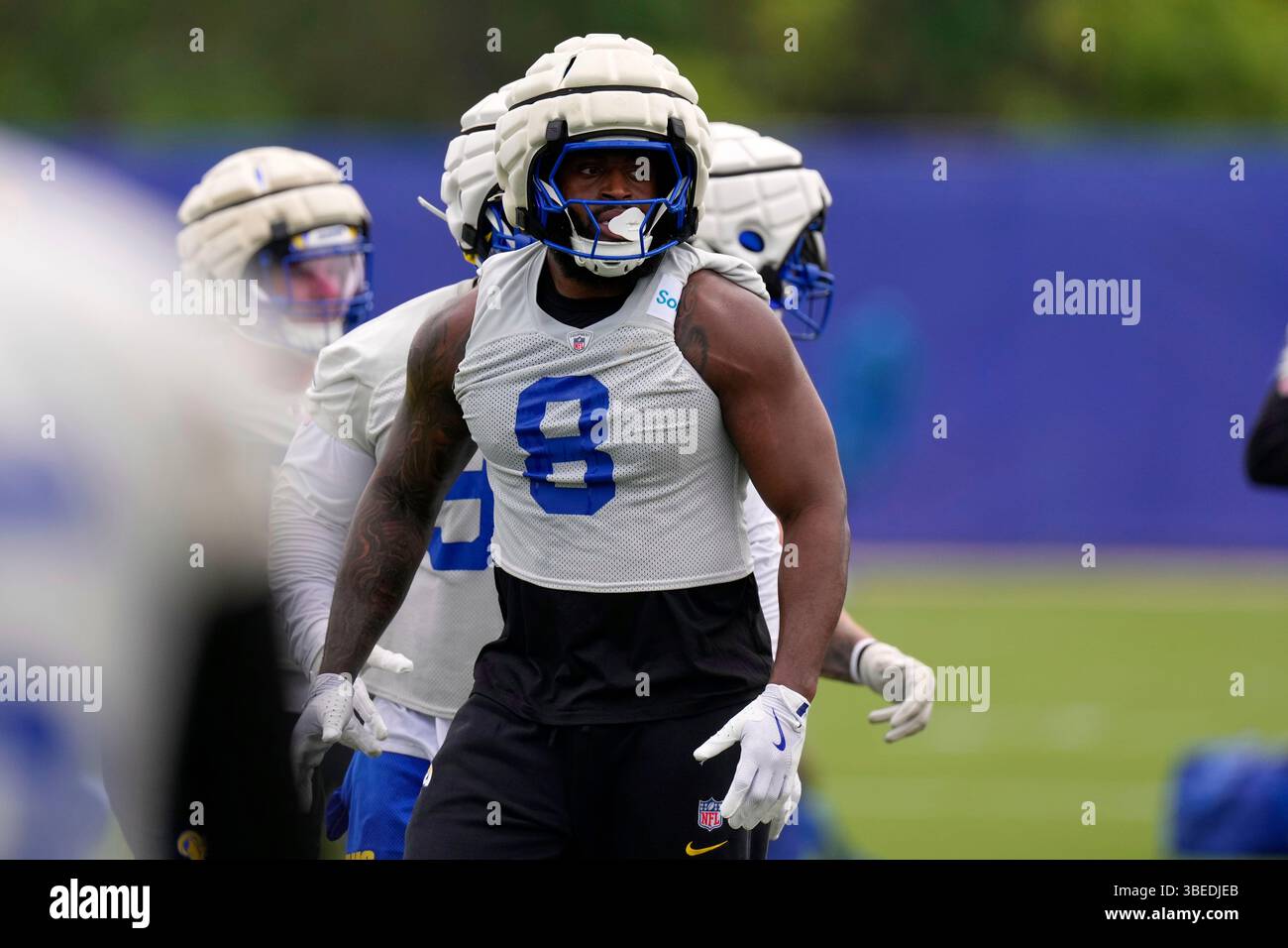 Los Angeles Rams linebacker Jared Verse stands on the field during the ...