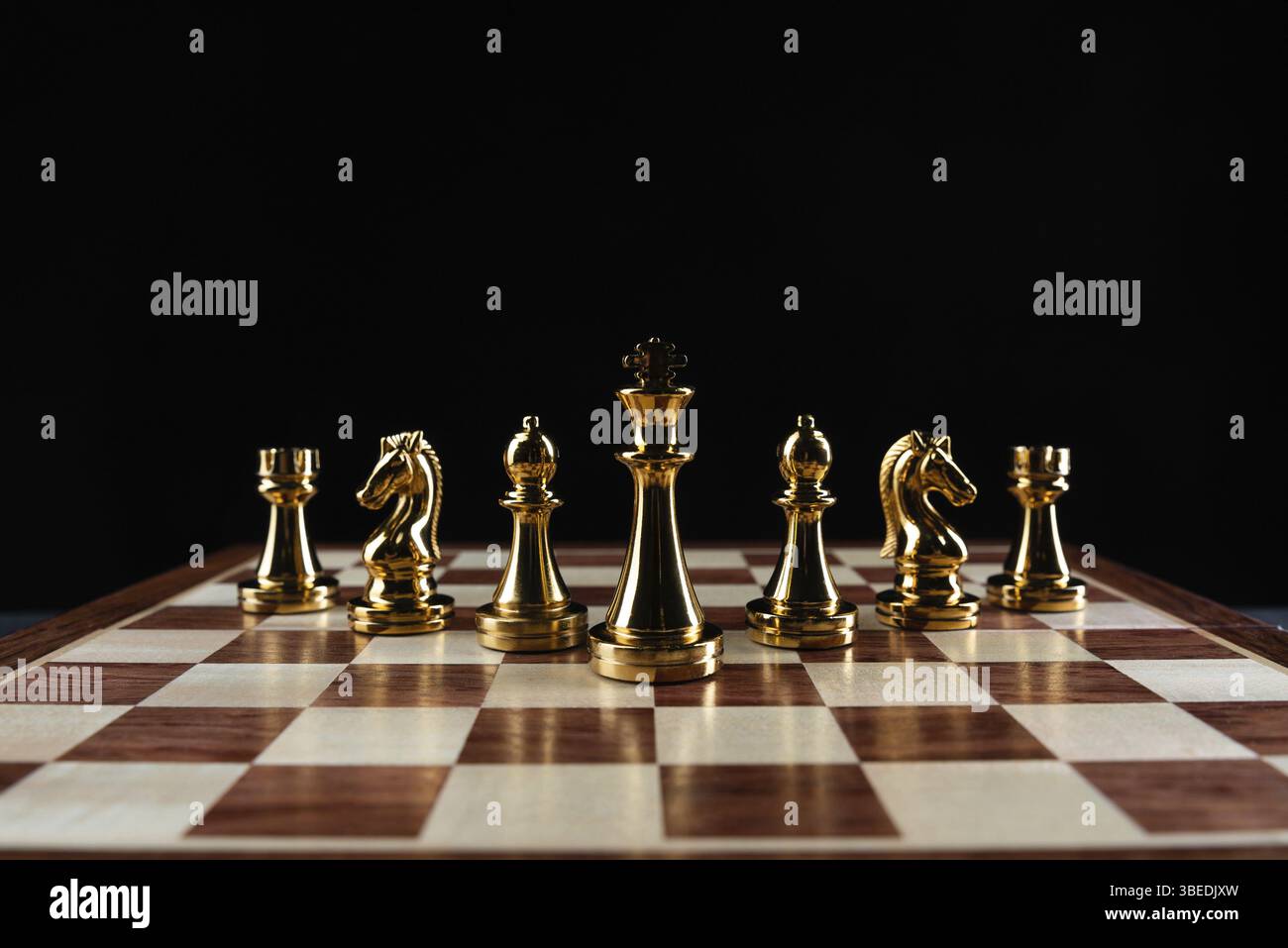 Golden chess figures standing on chessboard. Intellectual competition ...