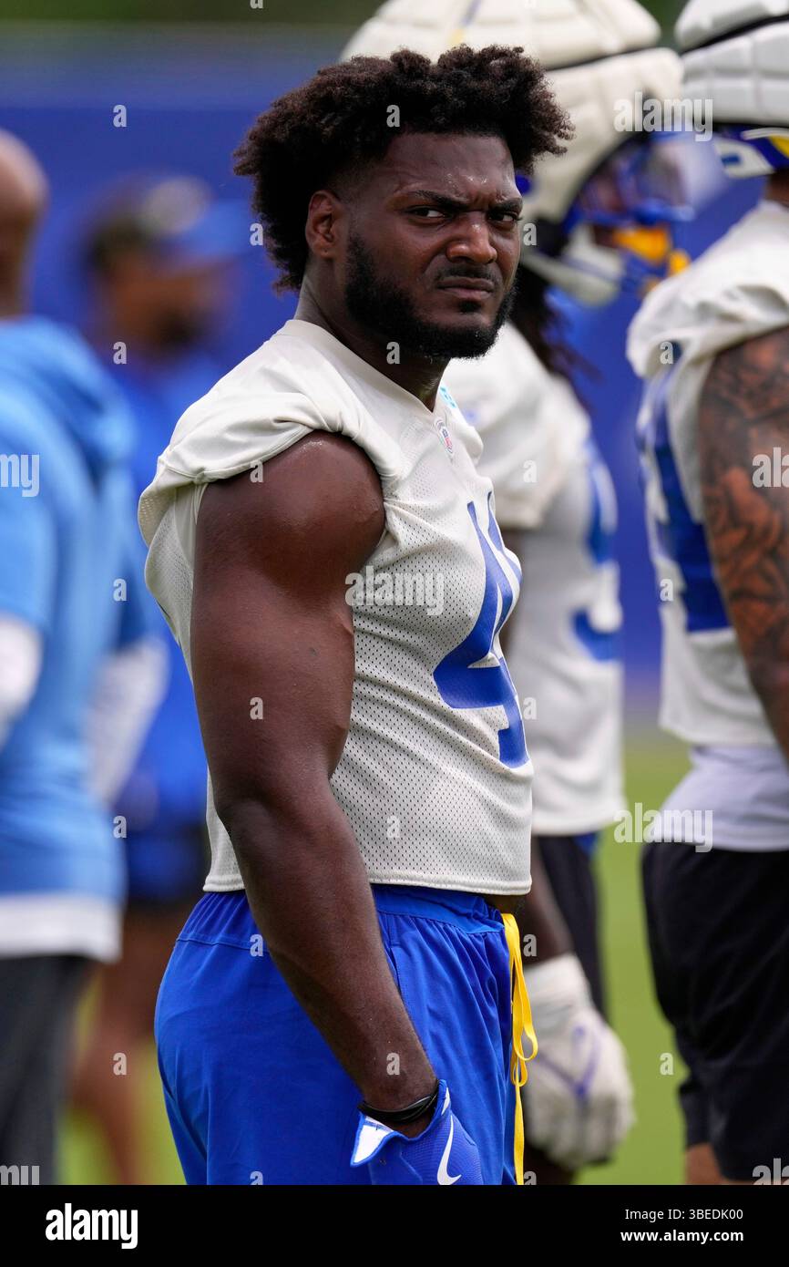 Los Angeles Rams linebacker Josaiah Stewart stands on the field during ...