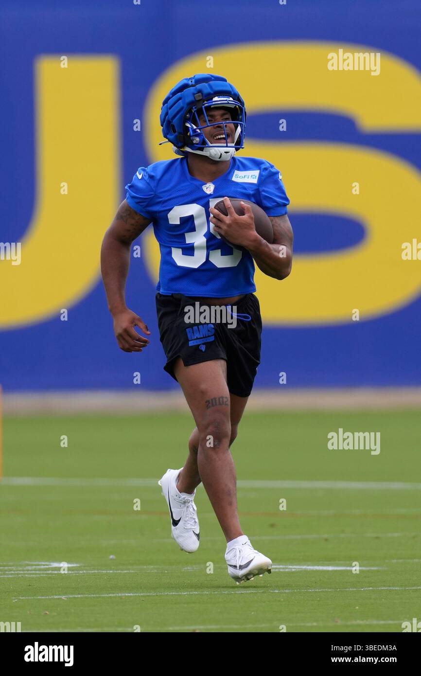 Los Angeles Rams running back Jarquez Hunter runs a play during the NFL ...