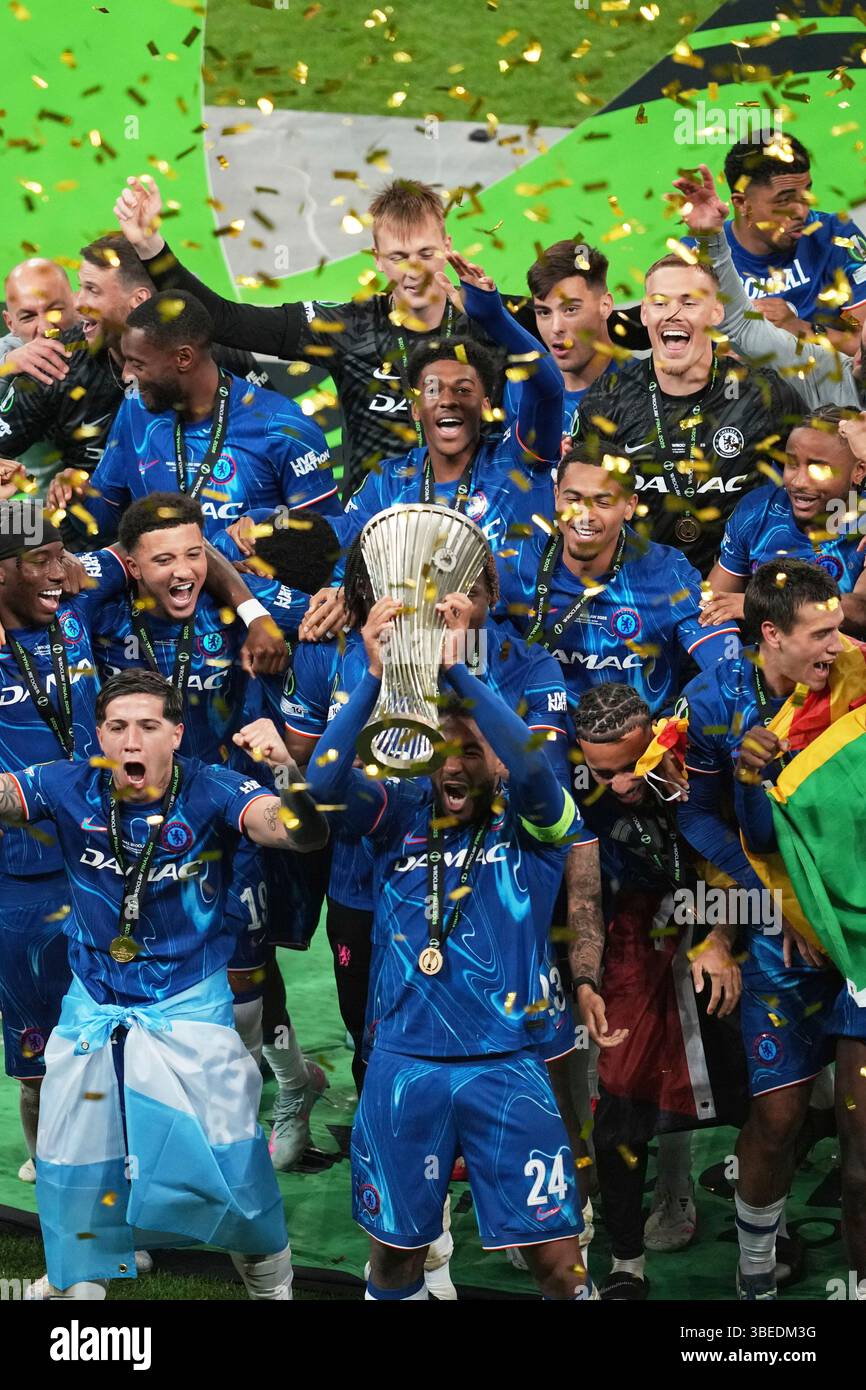 Chelsea's Reece James holds the trophy as he celebrates with his ...