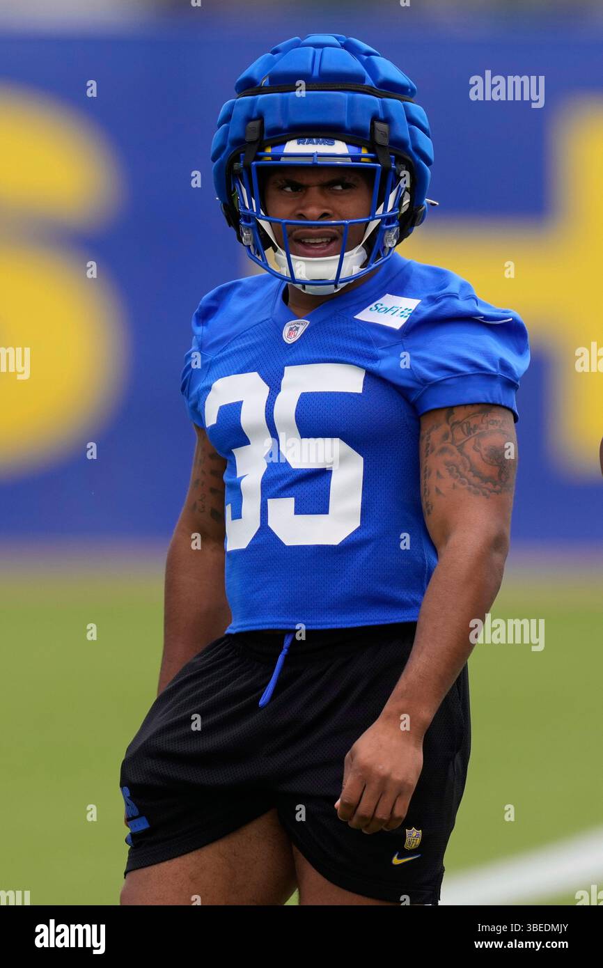 Los Angeles Rams running back Jarquez Hunter stands on the field during ...