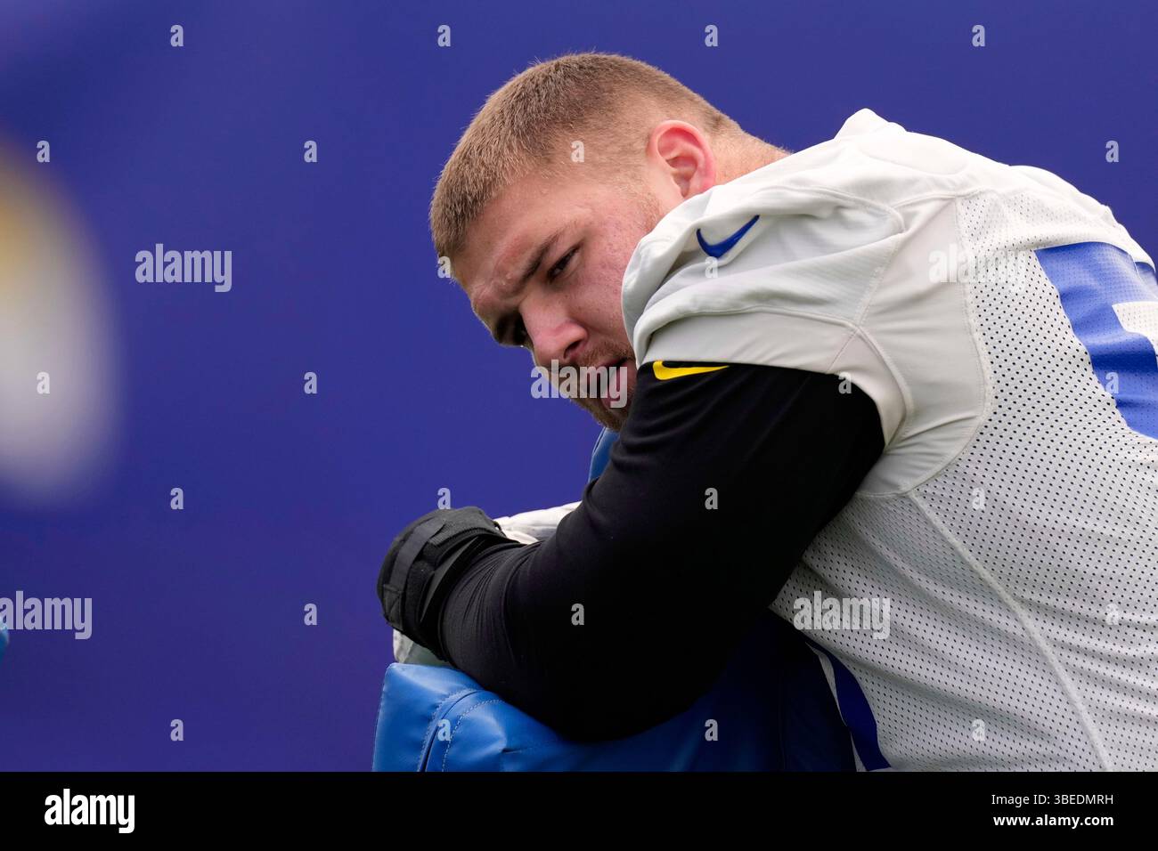 Los Angeles Rams defensive tackle Braden Fiske takes a break during the ...
