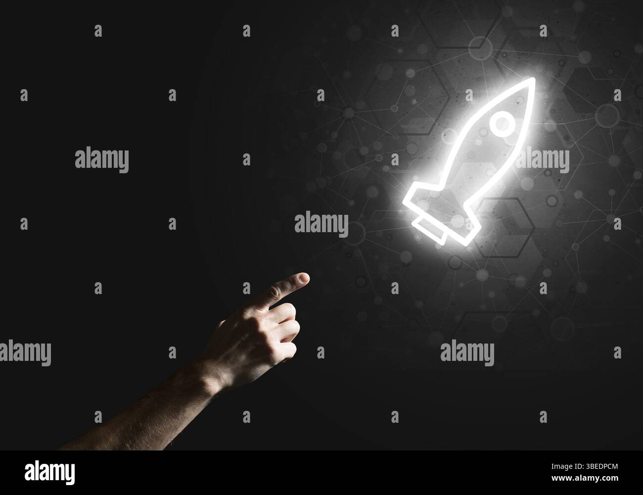Man palm presenting Rocket web icon as technology concept Stock Photo ...