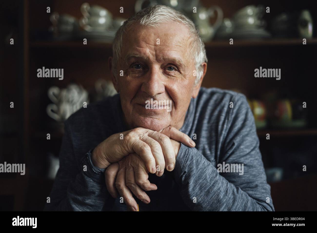 Elderly man with walking stick sitting at home. Portrait of old man in ...