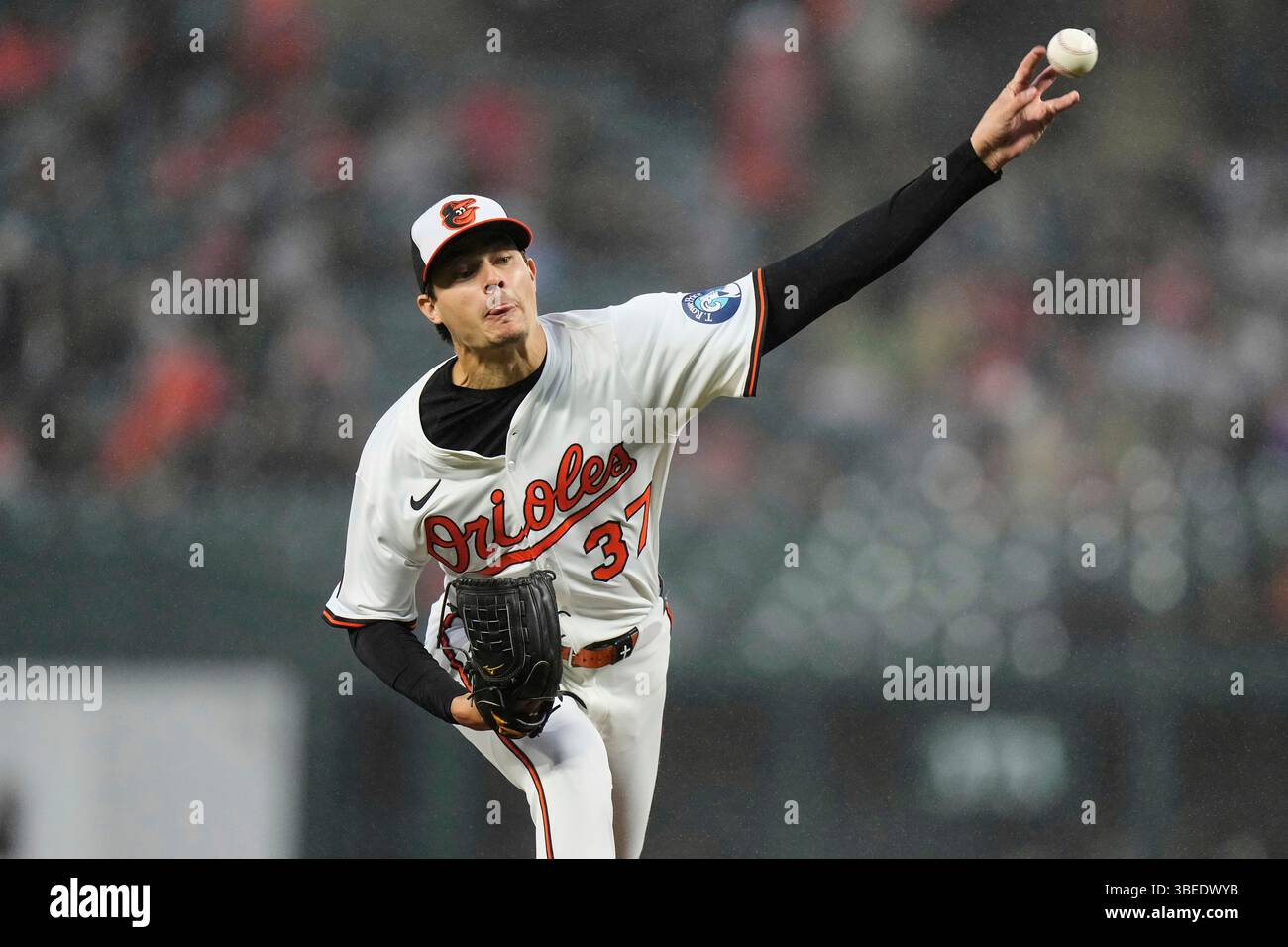 Baltimore Orioles starting pitcher Cade Povich (37) delivers during the ...