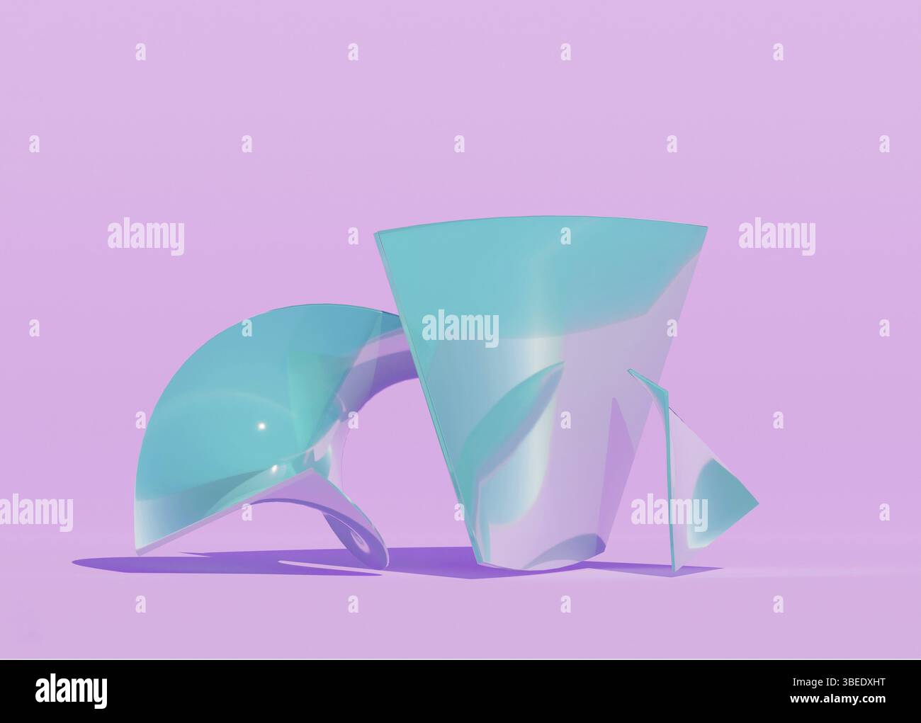 Abstract transparent 3d render of glass objects in pink studio. Blue ...
