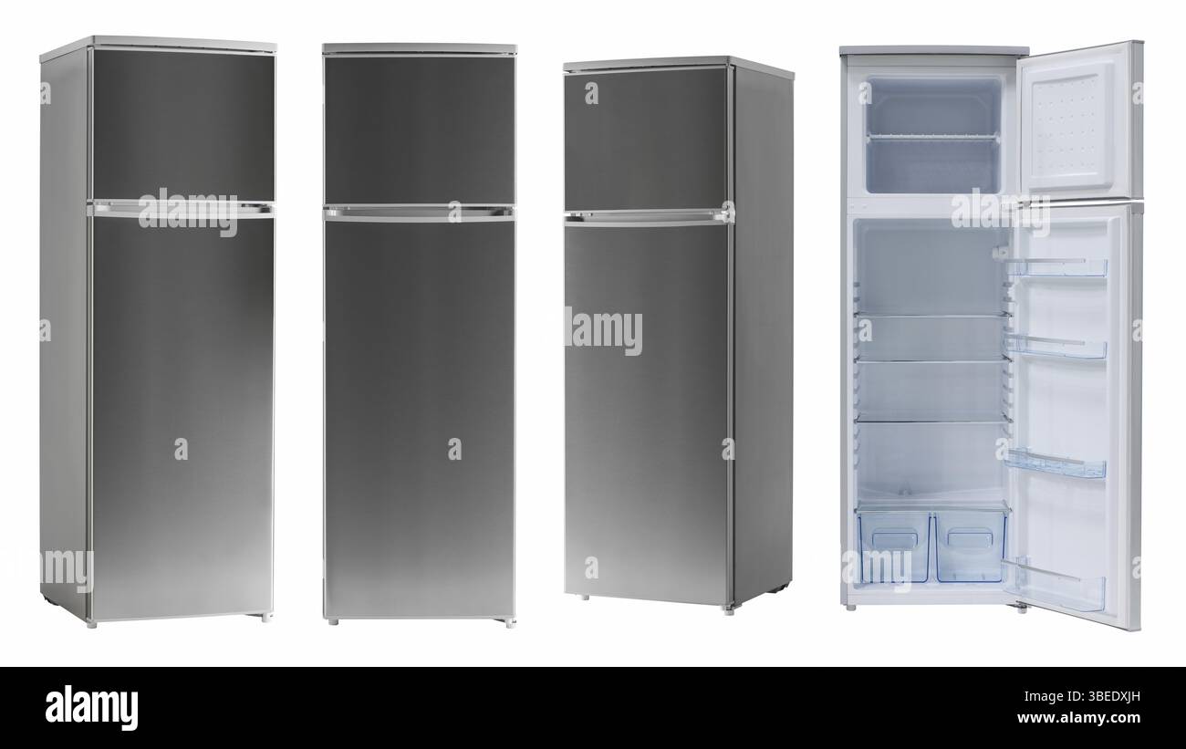 Modern household refrigerator color dark metallic, four angles ...