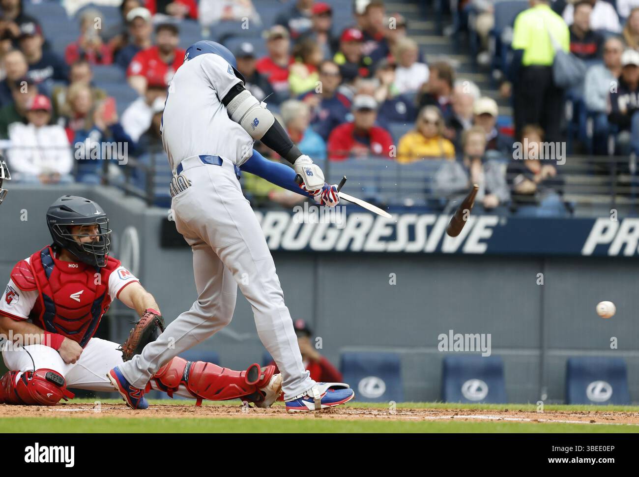 Los Angeles Dodgers designated hitter Shohei Ohtani breaks his bat as ...