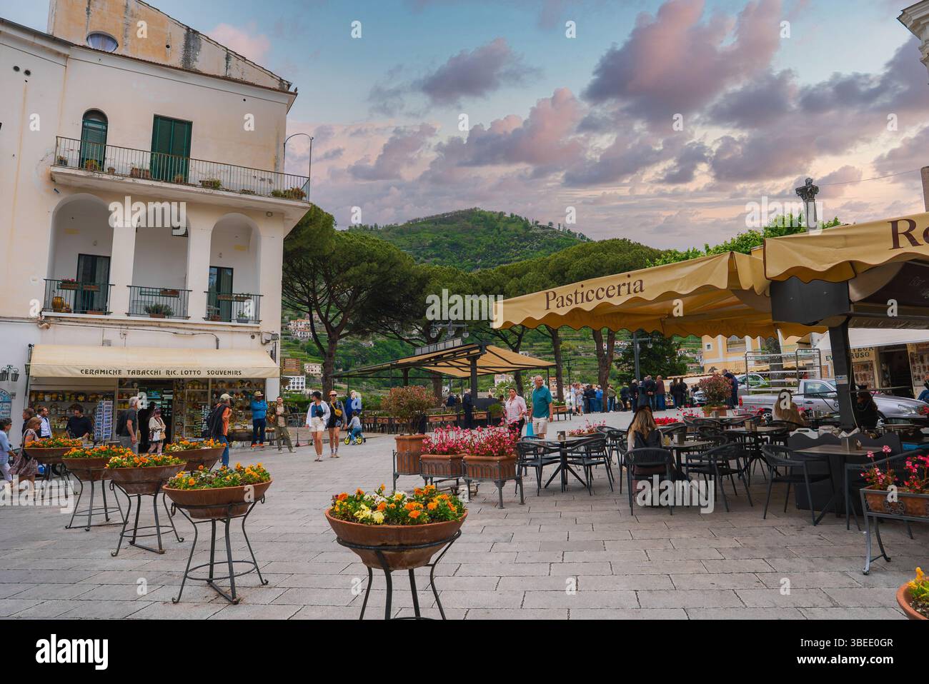Town Square in Ravello, Italy with Shops and Outdoor Seating Stock ...