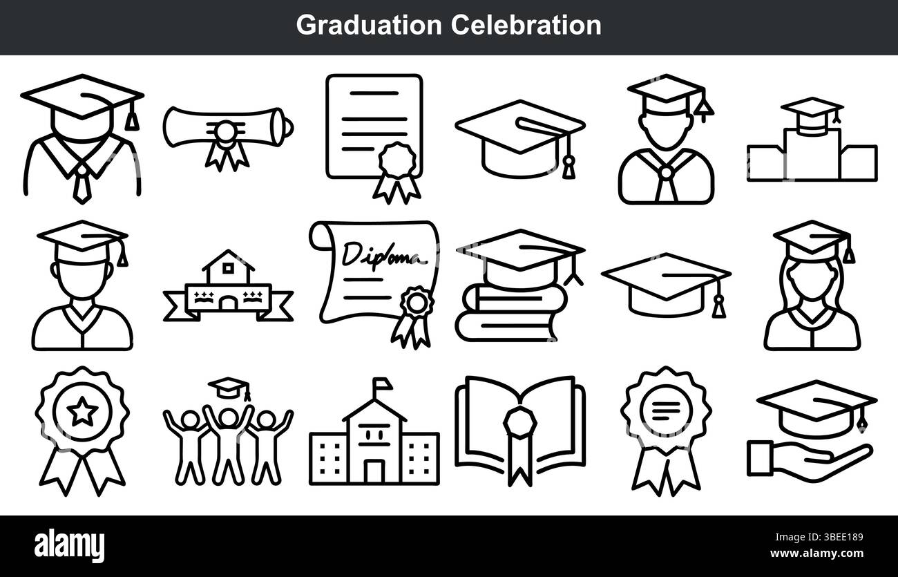 Graduation celebration icons set line art style Stock Vector Image ...