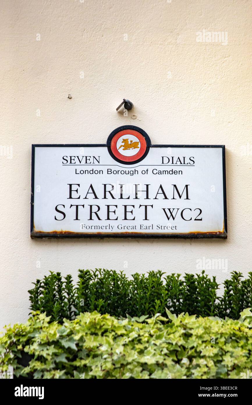 Street sign for Earlham Street in London Borough of Camden. Located in ...