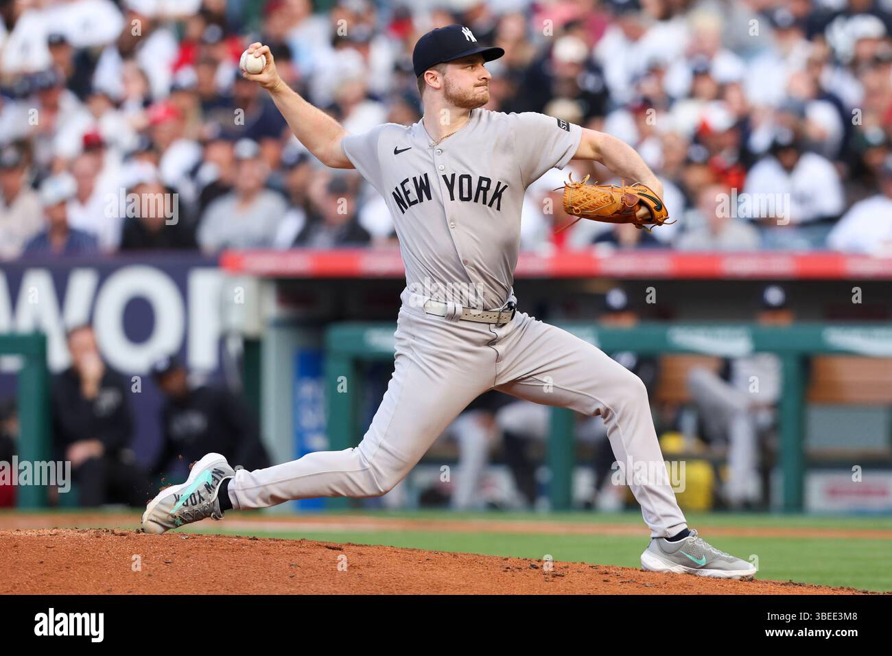 New York Yankees pitcher Clarke Schmidt throws to a Los Angeles Angels ...