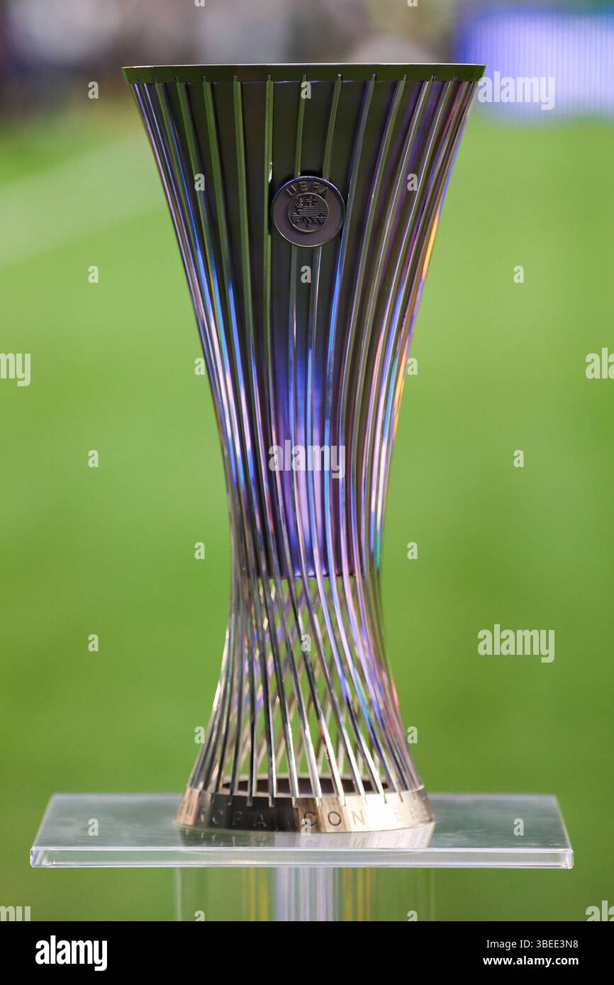 A view of the trophy during the UEFA Conference League Final 2025 match ...