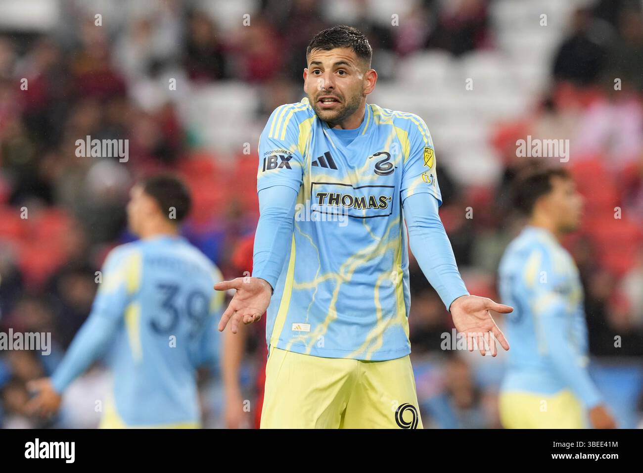 Philadelphia Union's Tai Baribo (9) protests to a match official during ...