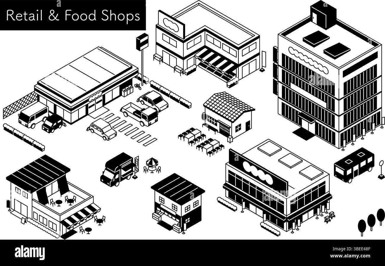 Isometric illustration of a set of store exteriors, such as a ...