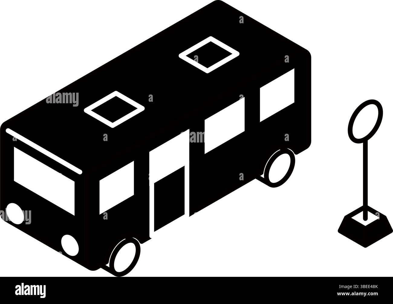 Bus and bus stop, simple black and white line drawing isometric ...