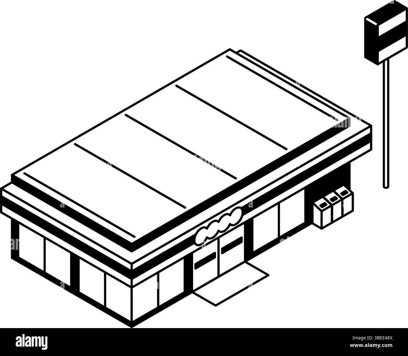 Convenience store, simple black and white line drawing isometric ...