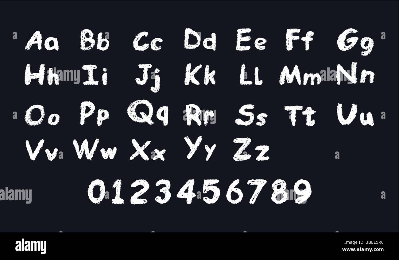 English alphabet and numbers 0-9, hand-drawn in a white wax crayon or ...