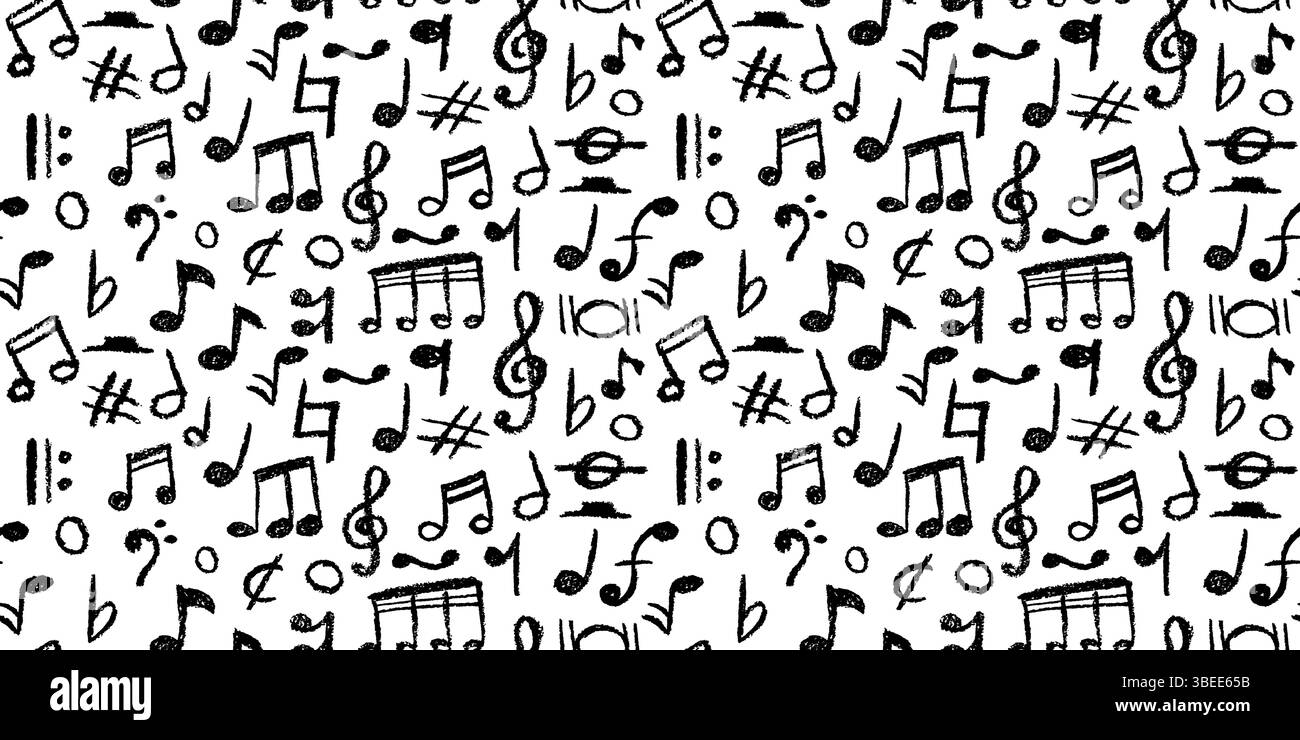 Seamless pattern of charcoal scribble music notes. Handwritten black ...