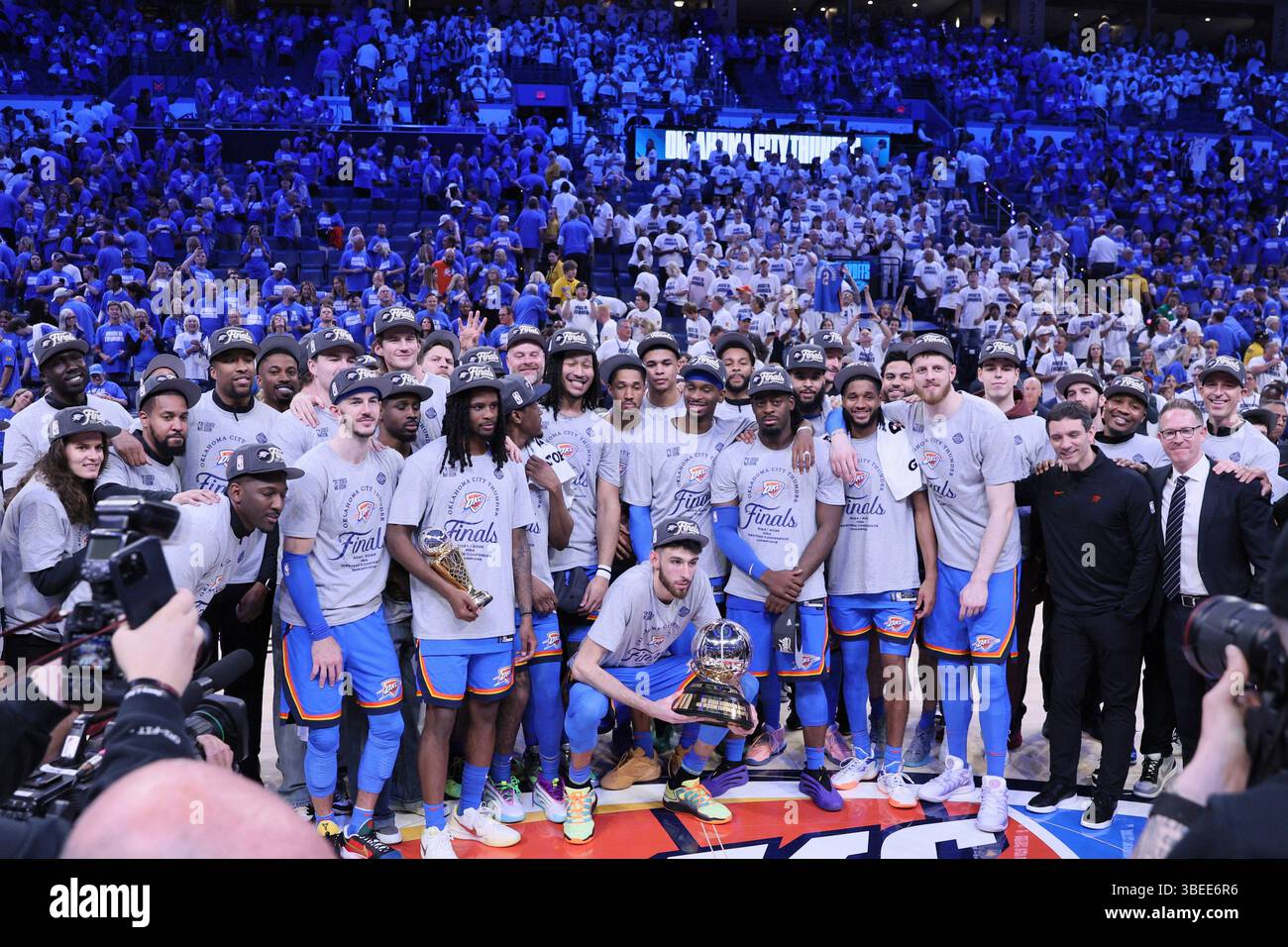 Oklahoma City Thunder players and coaches celebrate after Game 5 of the Western Conference ...