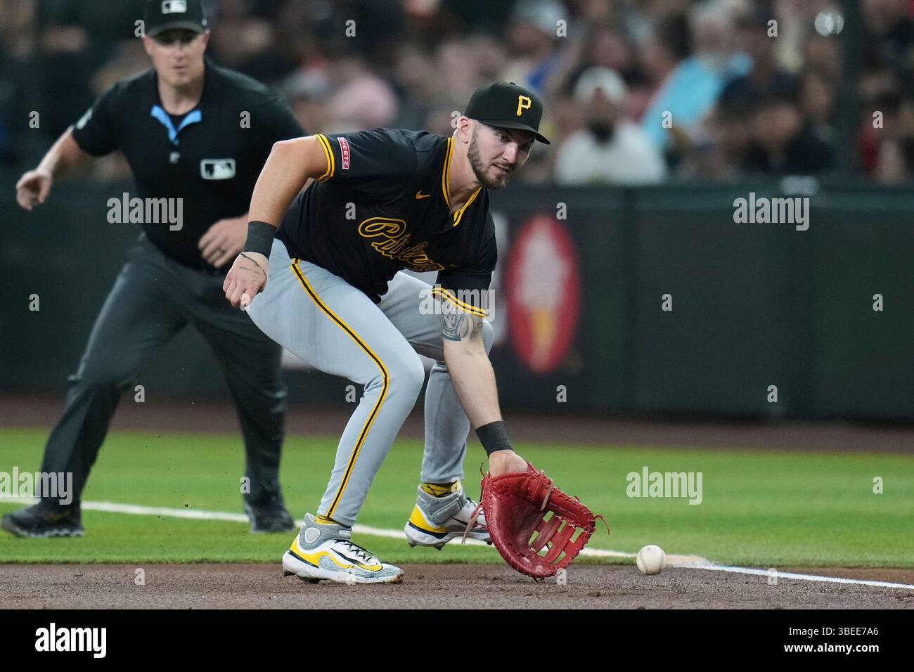 Pittsburgh Pirates first baseman Spencer Horwitz fields a grounder hit ...